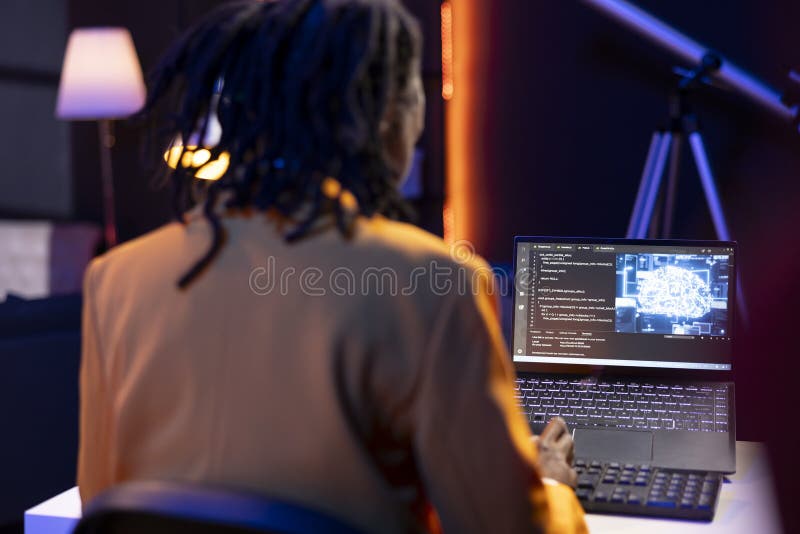 Data Scientist Using Laptop in Home Office, Updating Artificial Intelligence Stock Photo - Image ...