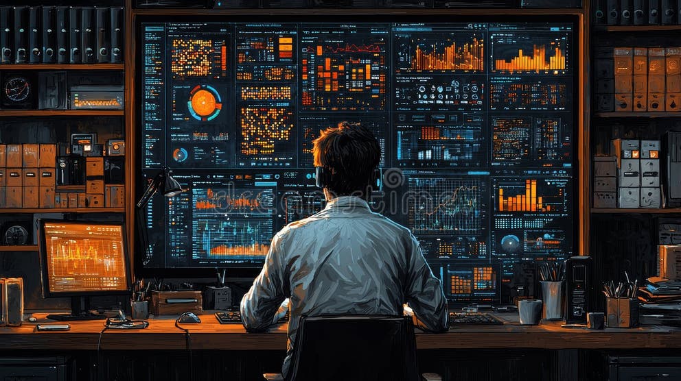 Data Scientist Working with Analytics Dashboards in Modern Technology Office Stock Illustration ...