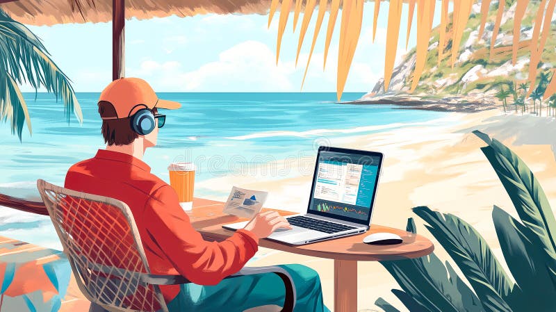 A Data Scientist Working Remotely from a Beach Cabin, Analyzing Data while Enjoying a Flexible ...