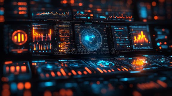 Data Screens Glow Bright. Modern Interface Displays Complex Charts and ...