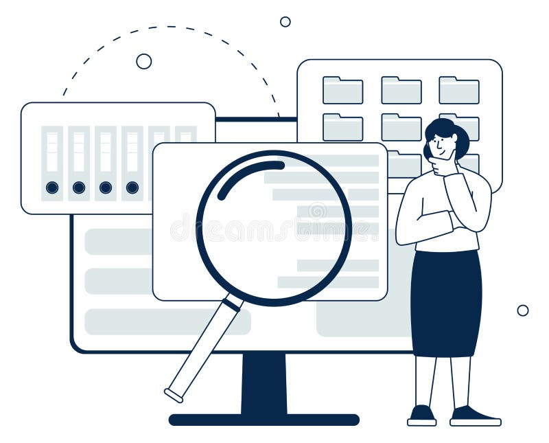 Data Search Concept. Woman Looking for Files on Computer Stock Vector ...