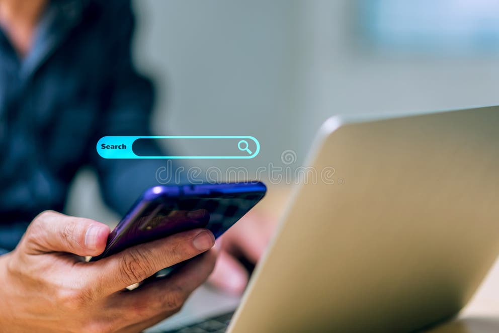 Data Search Technology Search Engine Optimization. Man Hands Using ...