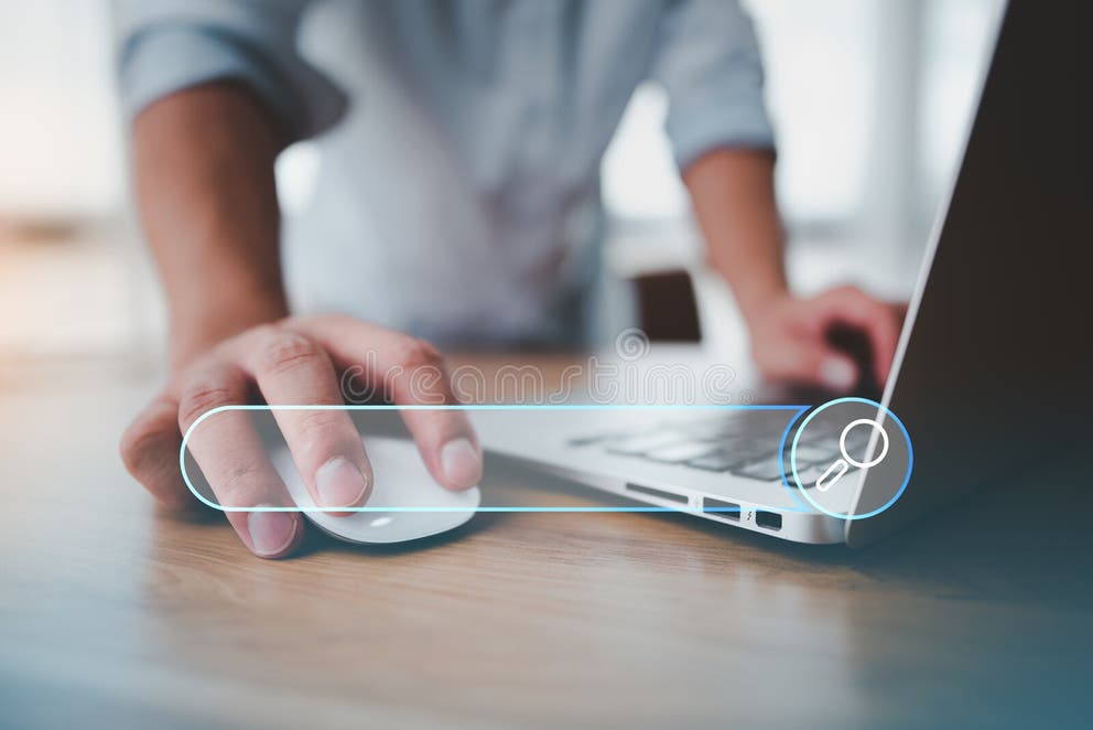 Data Search Technology Search Engine Optimization. Man`s Hands are Using a Computer Notebook To ...