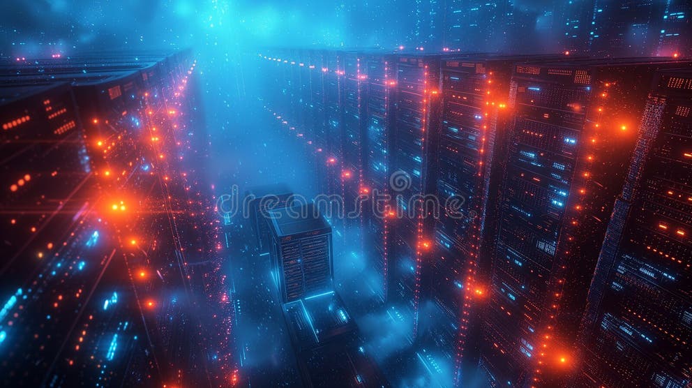 Data Security in Action: Server Room with Racks Glowing with Power and ...