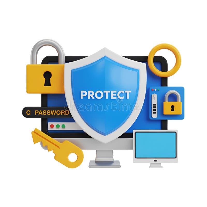 Computer Security with Shield, Padlock, and Key Around Monitor Display Isolated Stock ...