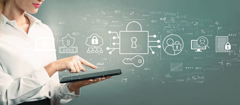 Data Security Concept with Business Woman Using a Tablet Stock Image ...