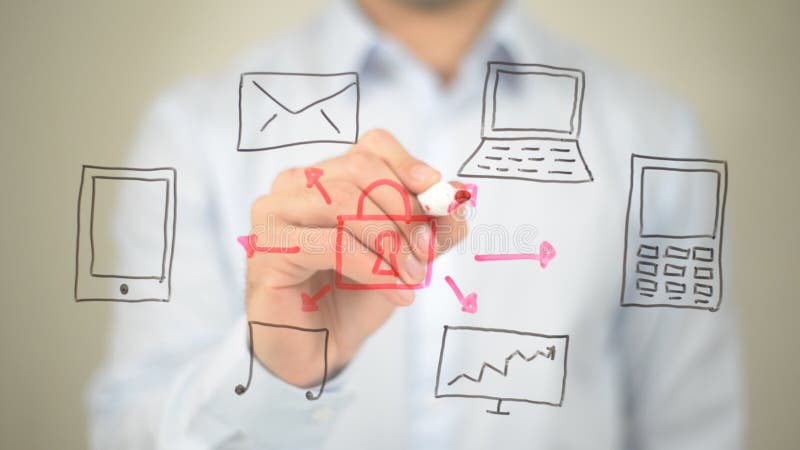 Data Security, Concept Illustration, Man Writing on Transparent Screen ...