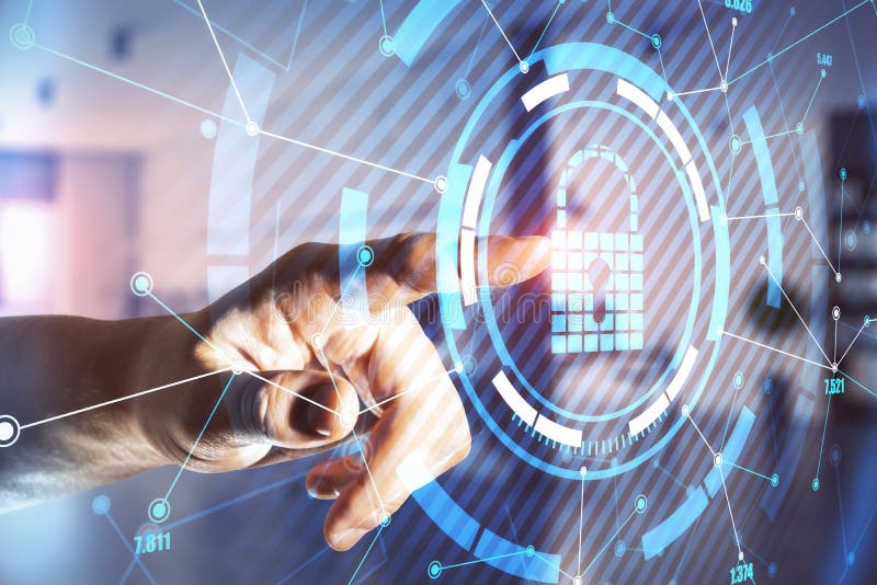 Data Security Concept with Man Finger Touches Glowing Digital Lock Sign ...