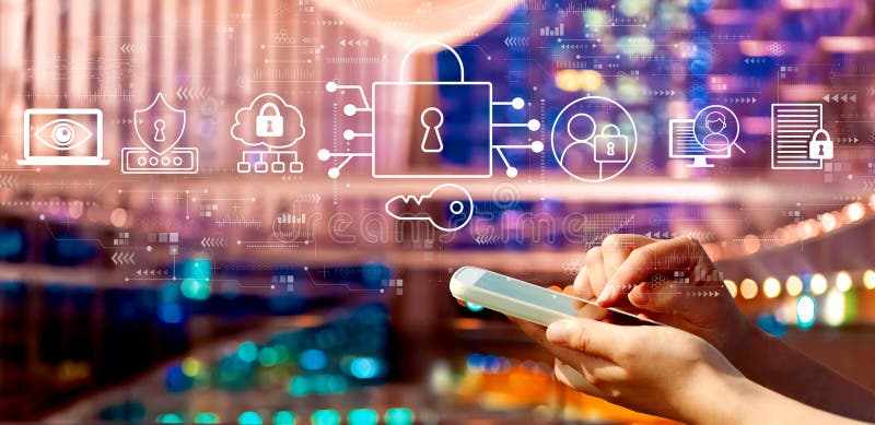Data Security Concept with Person Using a Smartphone in City at Night ...