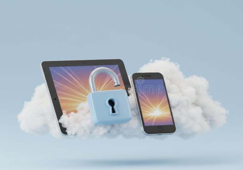 Data Security Concept with Tablet, Phone and Open Padlock on Cloud ...