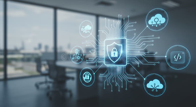 Data Security Conceptual Image With Cyber Security Shield Cloud Computing Coding And Server