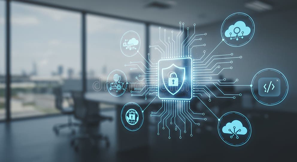 Data Security: Conceptual Image with Cyber Security Shield, Cloud Computing, Coding, and Server ...