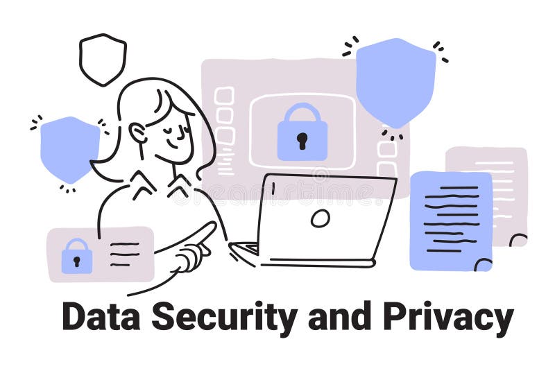 Data Security and Privacy Concept Woman Using Laptop Surrounded by ...