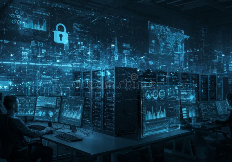 Data Security Team Monitoring Network System in Dark Office Stock ...