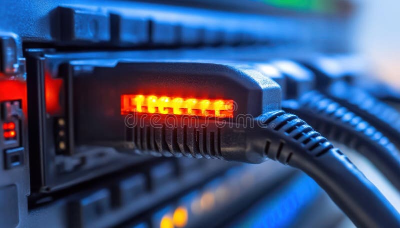 Data Server with Lit Indicators and Connected Network Cables in a Data ...