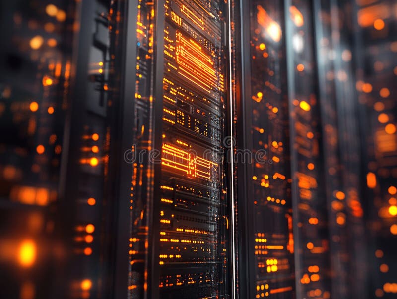 Data Server Rack in a Data Center with Orange Lights Stock Photo ...