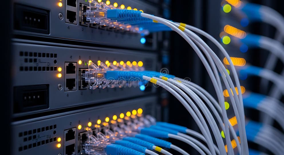 Data Server Rack with Connected Network Cables and Illuminated Status ...