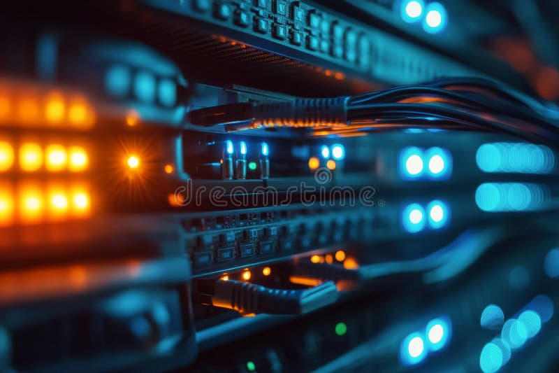 Data Server Rack with Glowing Lights and Indicators in a Tech ...