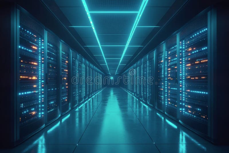 Data Server Rack with Glowing Lights and Indicators in a Tech ...