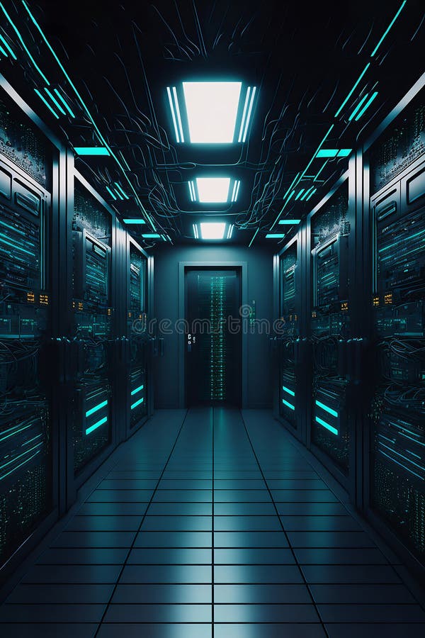 Data Server Racks Room with Big Data Computer Center. Blue Corridor ...