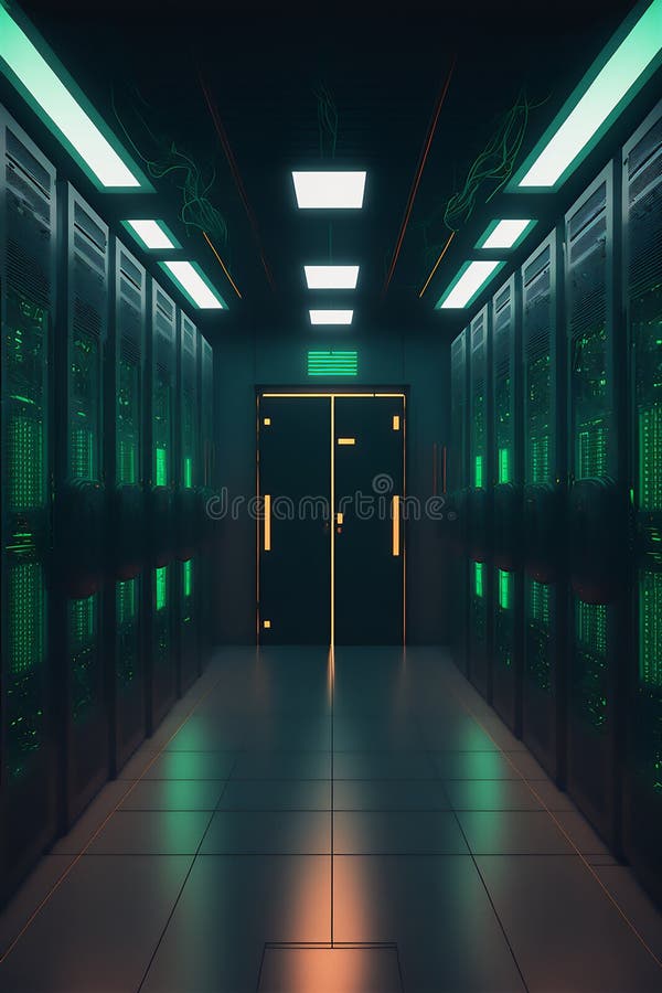 Data Server Racks Room with Big Data Computer Center. Green Corridor ...