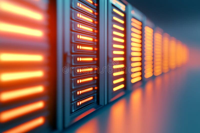 Data Server Room Glowing Neon Orange Blue Lights Showcasing Advanced ...