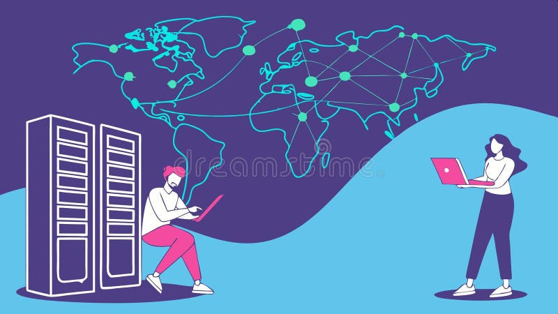 Data Server and World Map. Global Data, Tech Infrastructure Vector ...