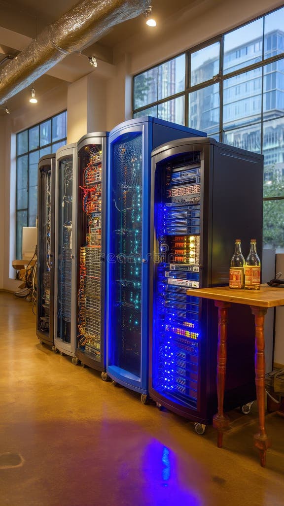 Data Servers Array Arranged in Row with Window and a Table, Presenting ...