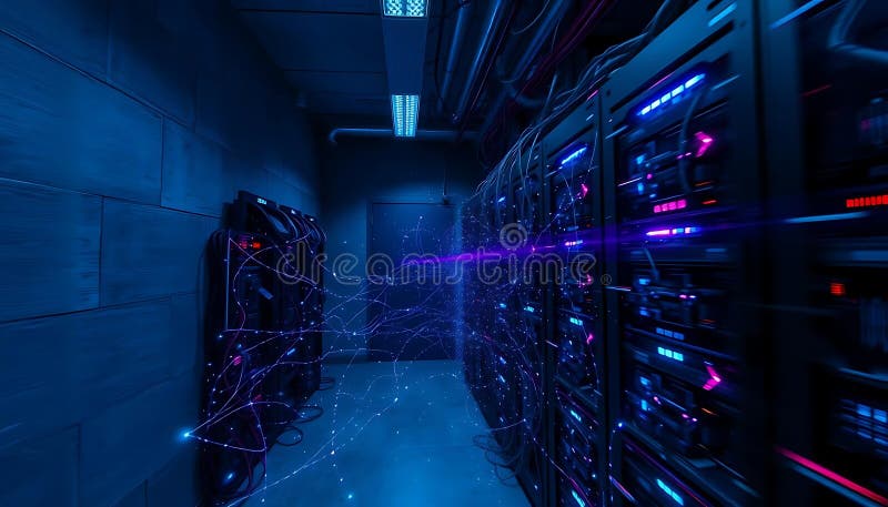 Data Servers Pulse with Neon Lights in Tech Corridor Stock Photo ...