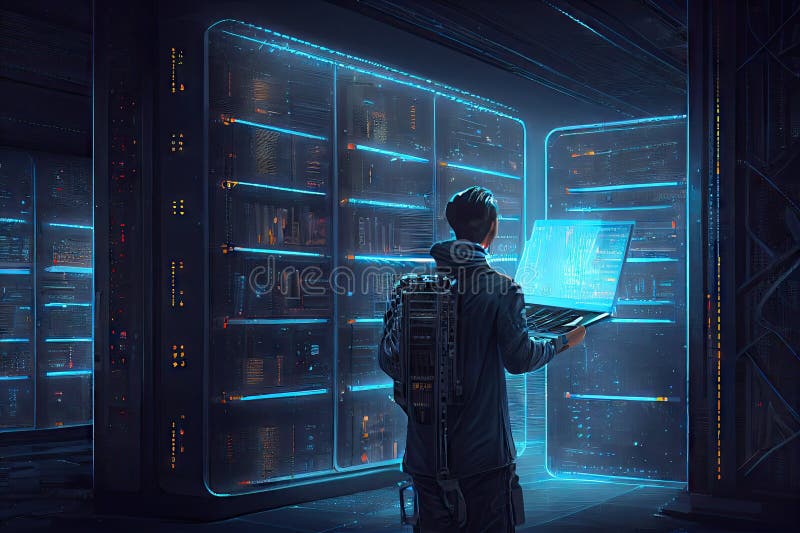 Futuristic Library Data Center, with View of the Starry Night Sky and ...