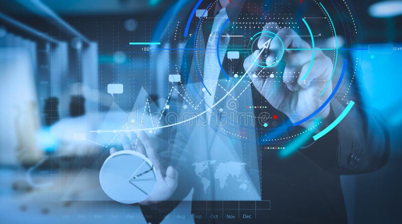 Double Exposure of Businessman Hand Working with New Modern Comp Stock ...