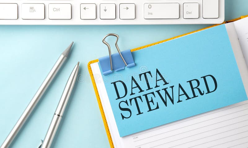 DATA STEWARD Text on Sticker on the Blue Background with Pen and ...