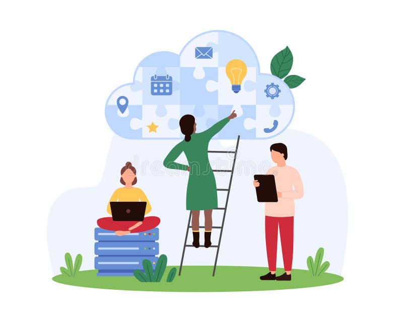 Data Storage, Cloud Services for Business Tasks, Tiny People Work with Icon Inside Puzzle Stock ...