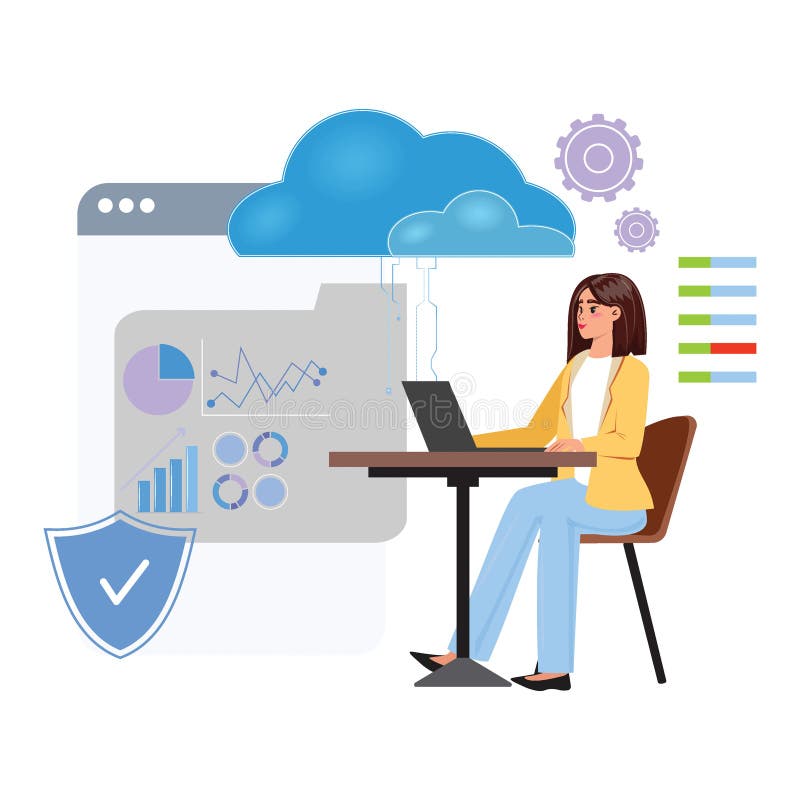 Data Storage Concept with Woman Working. Background Shows Folder, Cloud ...