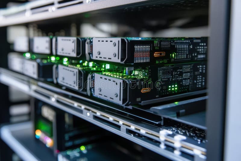 Data Storage Devices Illuminated in a Server Rack within a Technology ...