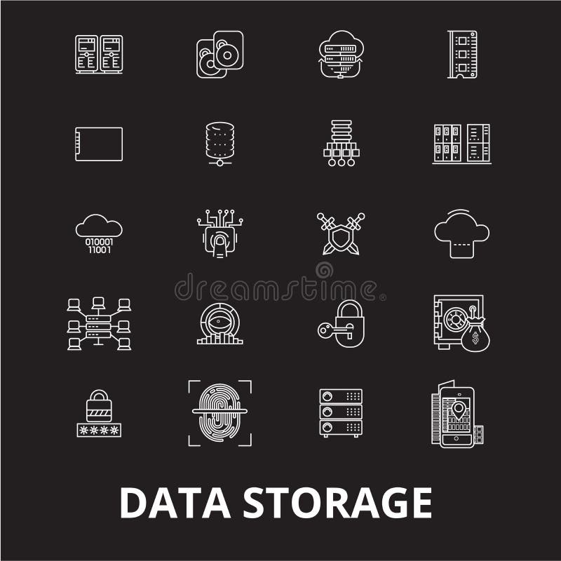 Data Storage Editable Line Icons Vector Set on Black Background. Data ...