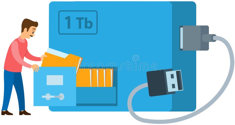 Data Storage on Portable Device. Man Stacking Folders with Information ...