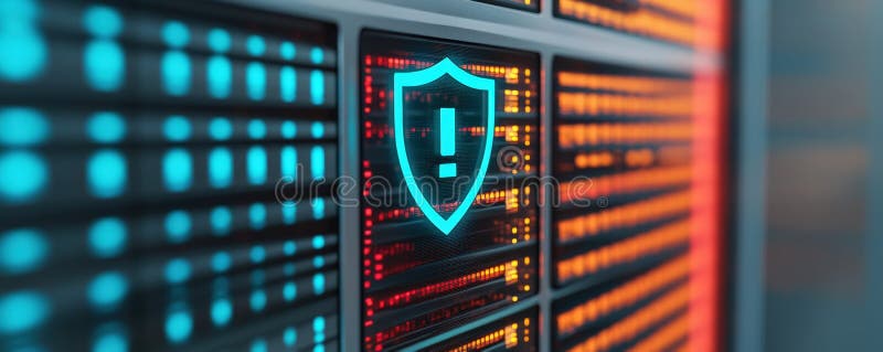 Cybersecurity Shield Icon on Data Server in Close-up Stock Photo ...
