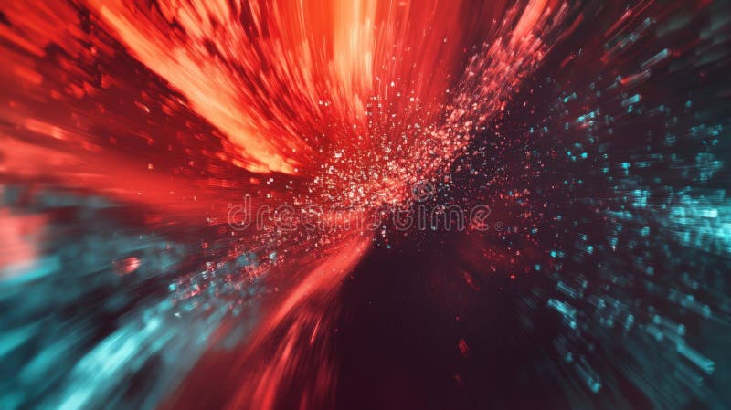 Data Stream Exploding in Hyperspace Tunnel with Red and Teal Lights ...