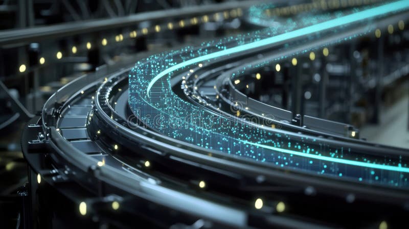 Data Stream Flowing through Futuristic Conveyor Belt in a Modern ...