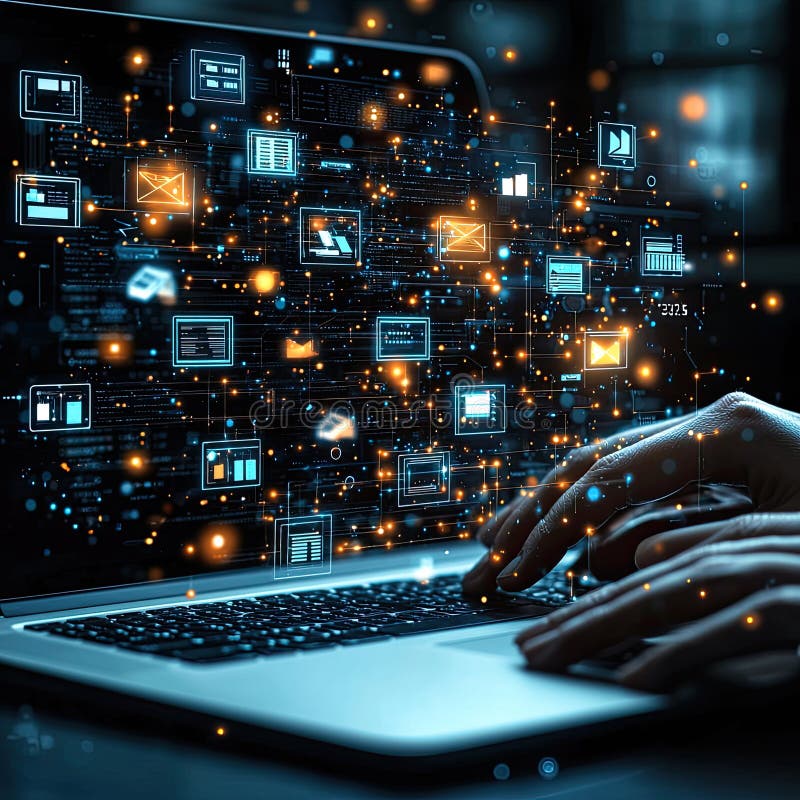 Data Stream Hands Typing on Laptop with Digital Network and Information ...