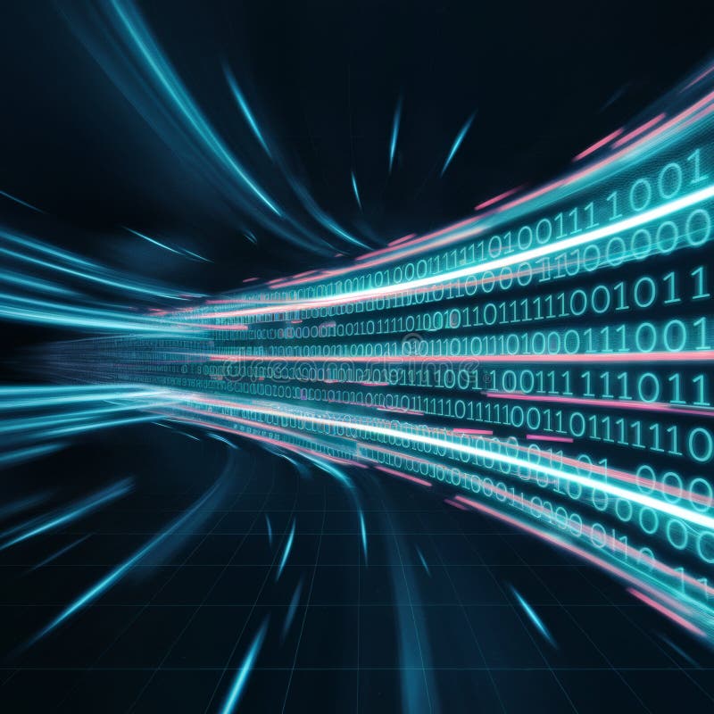 Data Stream Visualization of Binary Code and Neon Light Particles Flowing Over Stock ...