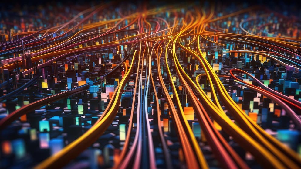 Data Streams Flowing through Cables and Conduits, Forming a Data ...