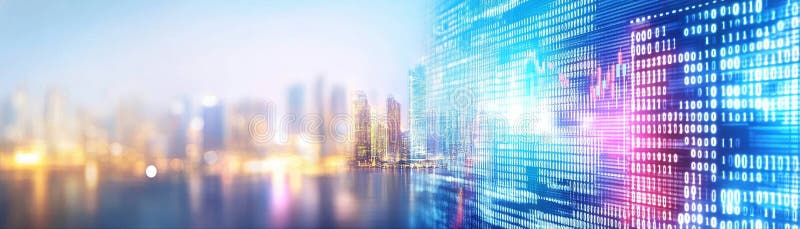 Data Streams Over a Blurred City Skyline Create a Digital Future Vision ...