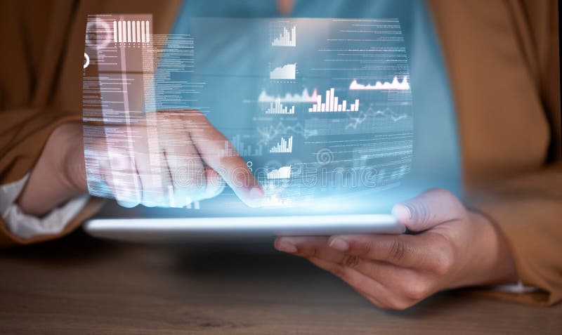 Data Tablet Hologram, Global Analytics and Hands Working on Futuristic ...
