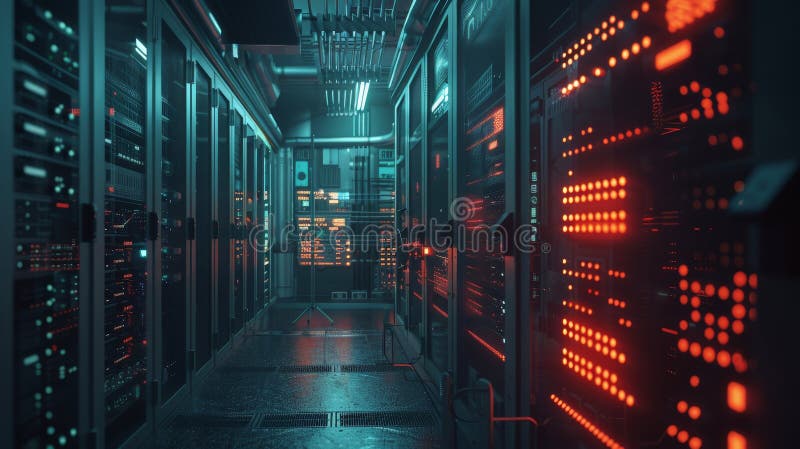 Data Technology Center Server Racks with VFX in Dark Room. Detailed ...