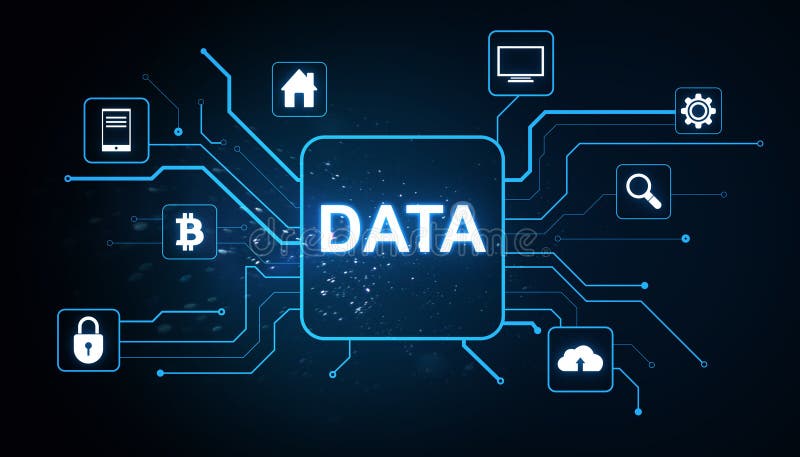 Data and Technology Network Icons on a Dark Background. 3D Rendering ...