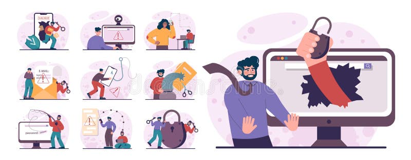 Data Theft Concept Set. Cyber Attack, Hacker Stealing Personal Data ...