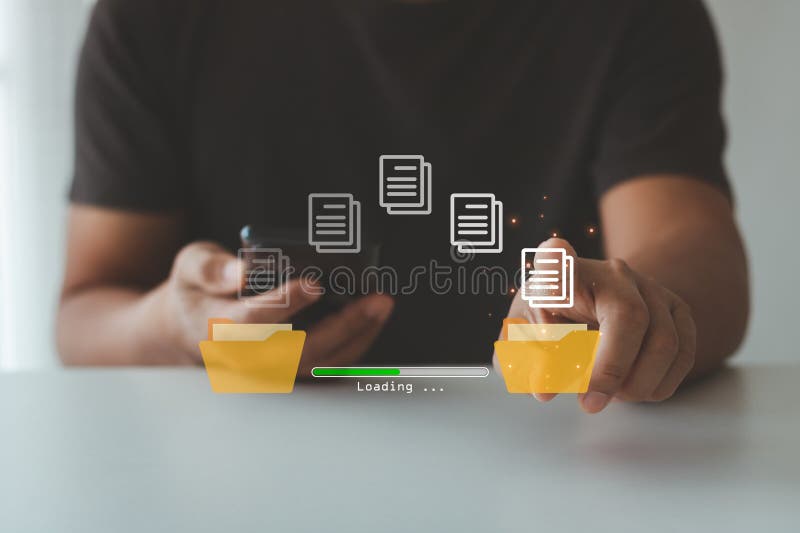 Data Transfer, Transfer File of Data between Folder. Hand Touch on ...