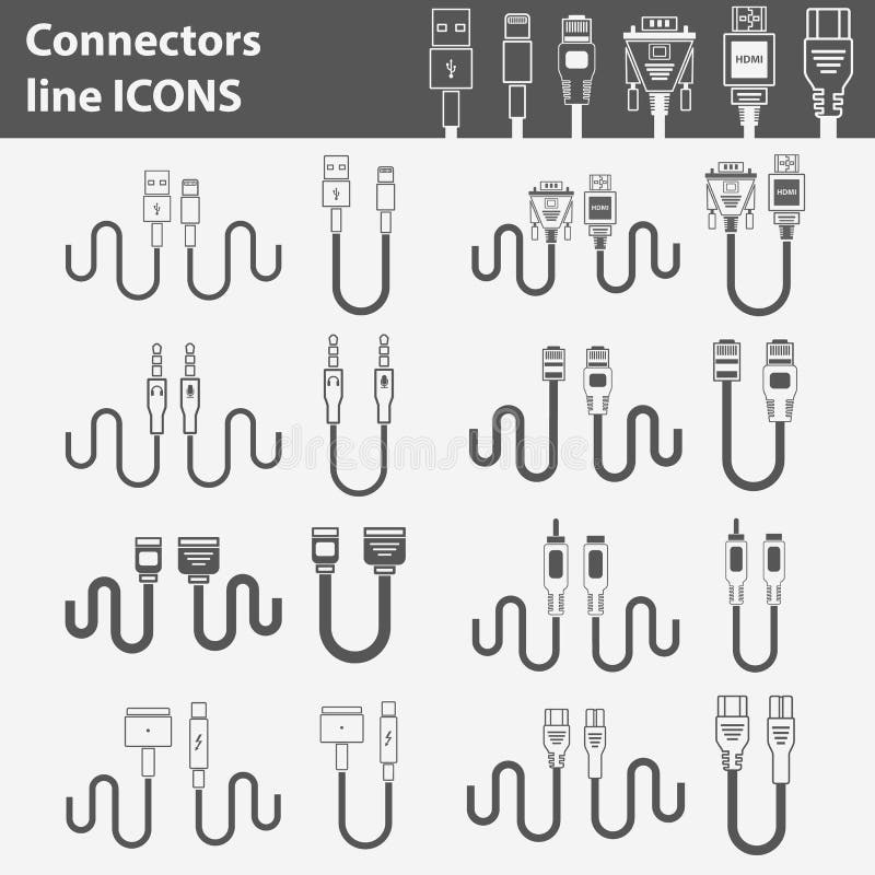 Electric Plug, Connectors and Jack Flat Line Icons Set. Collection ...